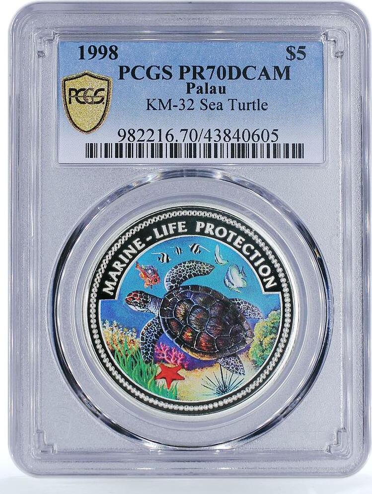 Palau 5 dollars Marine Life Protection Sea Turtle PR70 PCGS silver coin ...