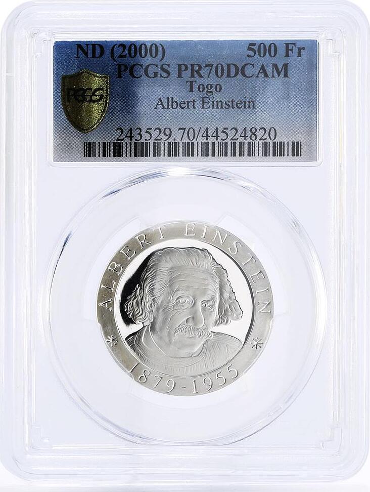 Togo 500 francs Famous Scientist Albert Einstein PR70 PCGS silver coin ...