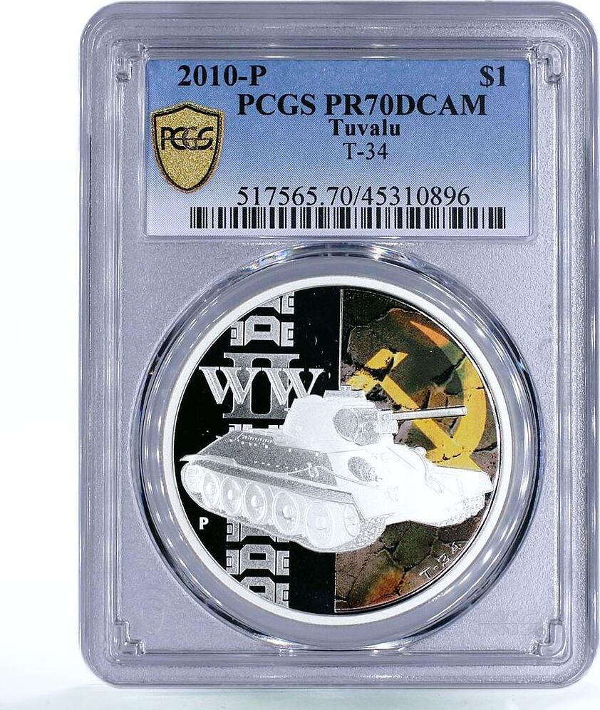 Tuvalu 1 dollar WWII Tanks Soviet T - 34 USSR Arms PR70 PCGS silver ...