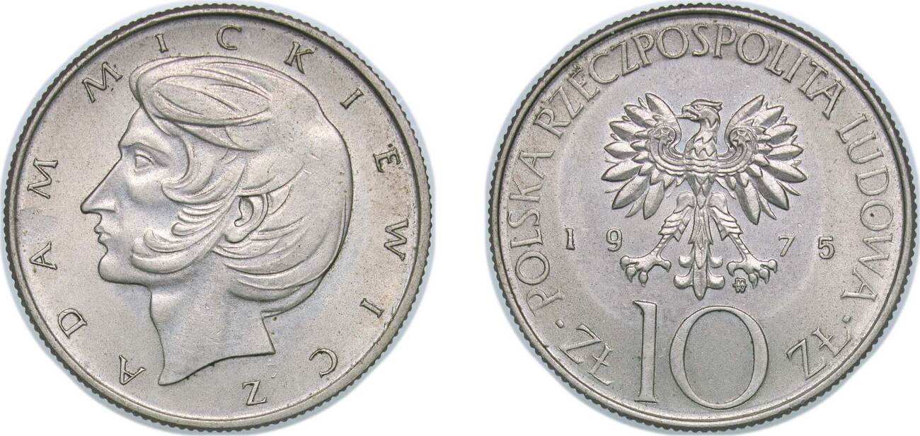 1975 MW Mint of Poland Poland People's Republic 1975 MW 10 Zlotys (Adam Mickiewicz) Copper ...