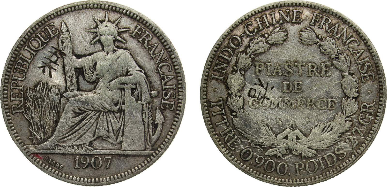 1907A Paris Mint French Indochina French colony 1907A 1 Piastre Third ...