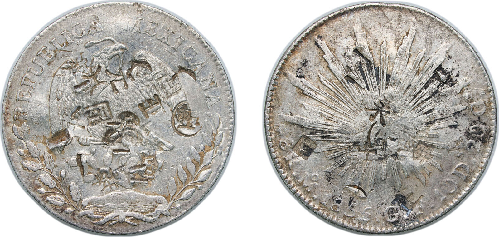 Mexico Federal Republic 1855 Mo GF 8 Reales Chinese Chopmarked Silver (.903) 27g VF KM 377 | MA ...