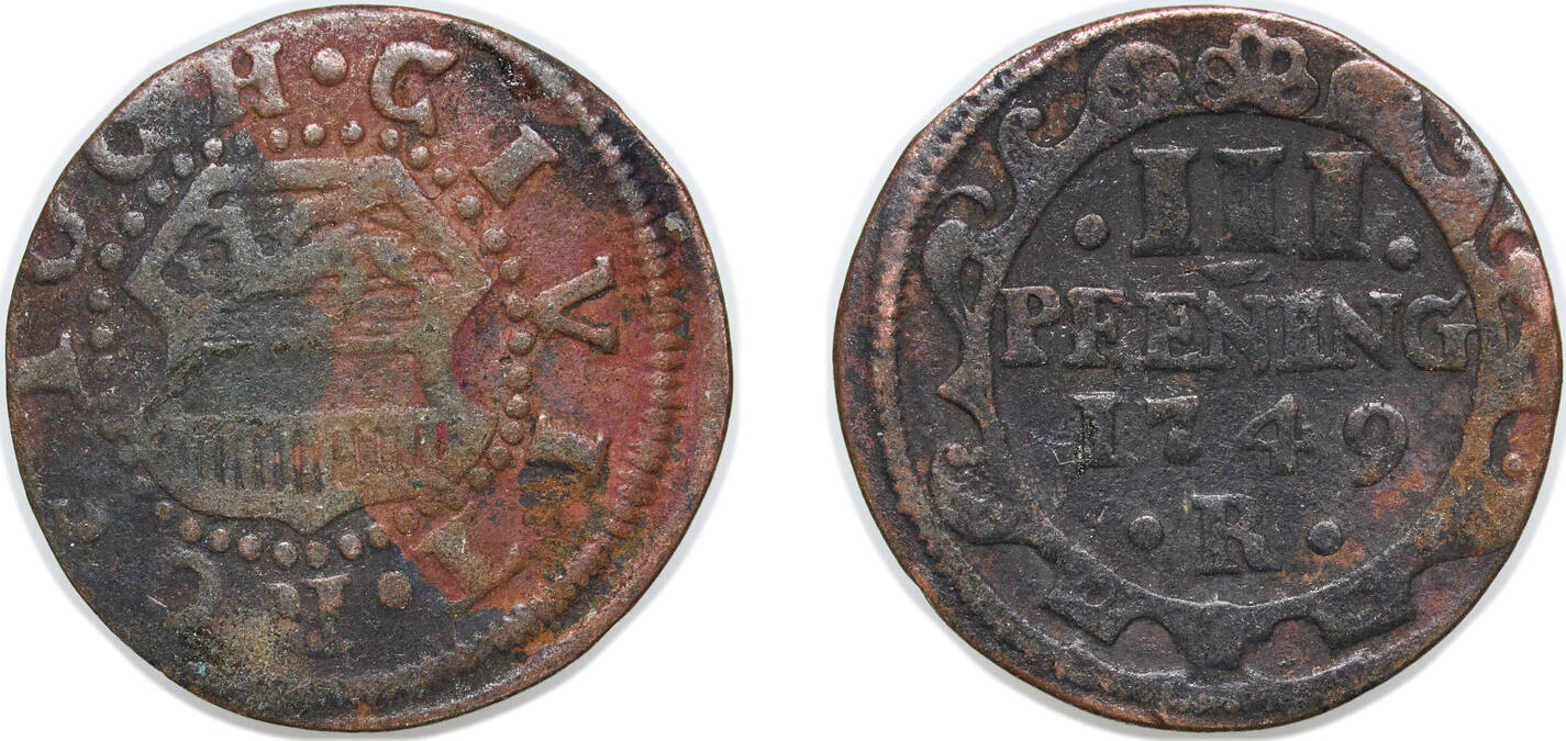 3 Pfennigs Germany City of Rostock Holy Roman Empire 1749 R 3 Pfennig ...