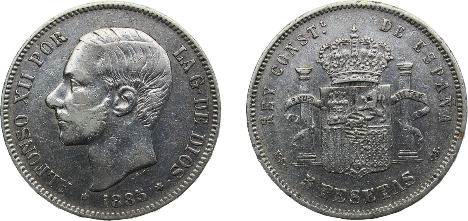 1885 *1885 MSM Madrid min Spain Kingdom 1885 *1885 MSM 5 Pesetas ...