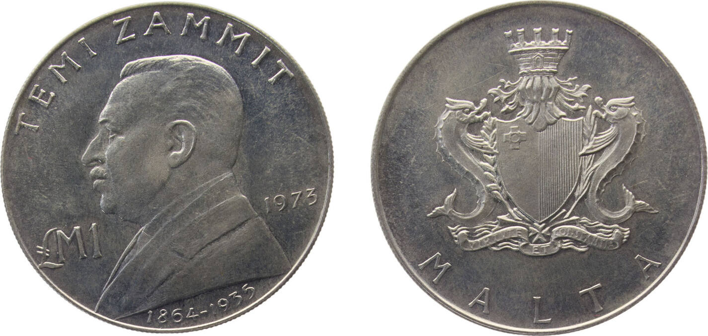 1 Pound Malta Republic 1973 1 Lira (Sir Temi Zammit) Silver (.987) 10g ...