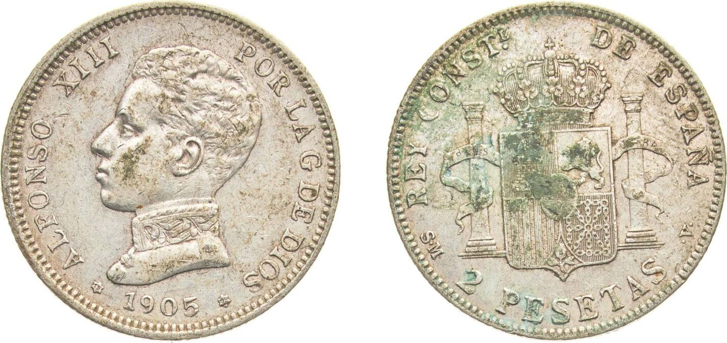 1905 *19-05 SMV Madrid Mint Spain Kingdom 1905 *19-05 SMV 2 Pesetas ...