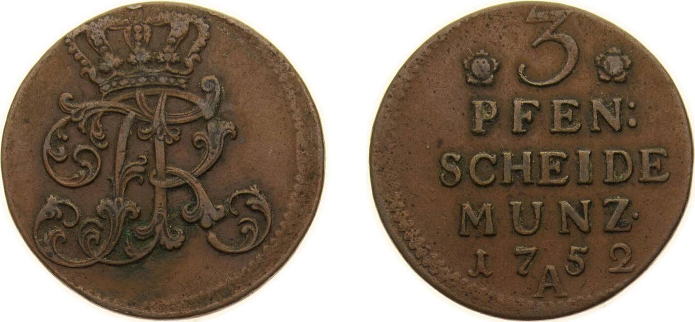 Germany Kingdom of Prussia Holy Roman Empire 1752 A 3 Pfennig ...