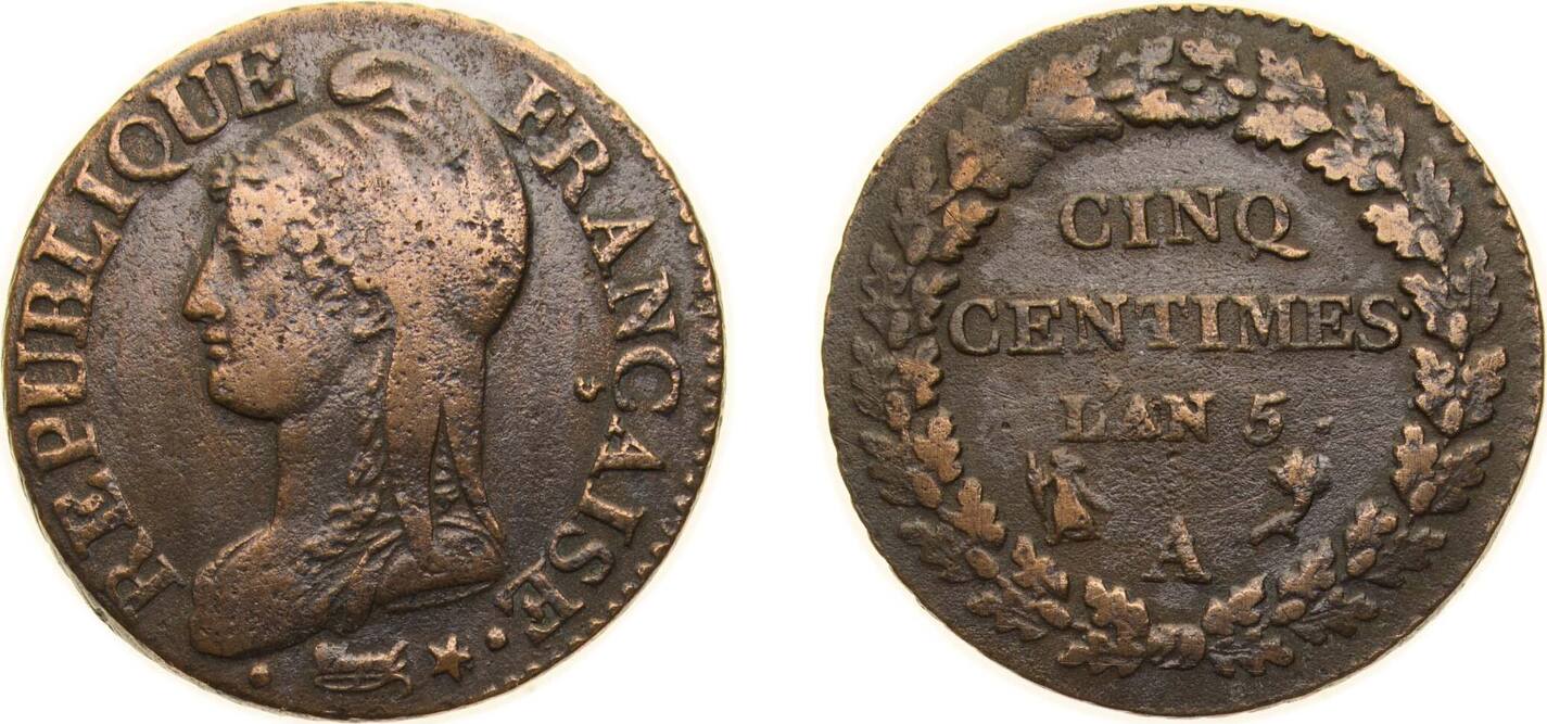 AN 5 (1796) A Paris Mint France First Republic AN 5 (1796) A 5 Centimes ...