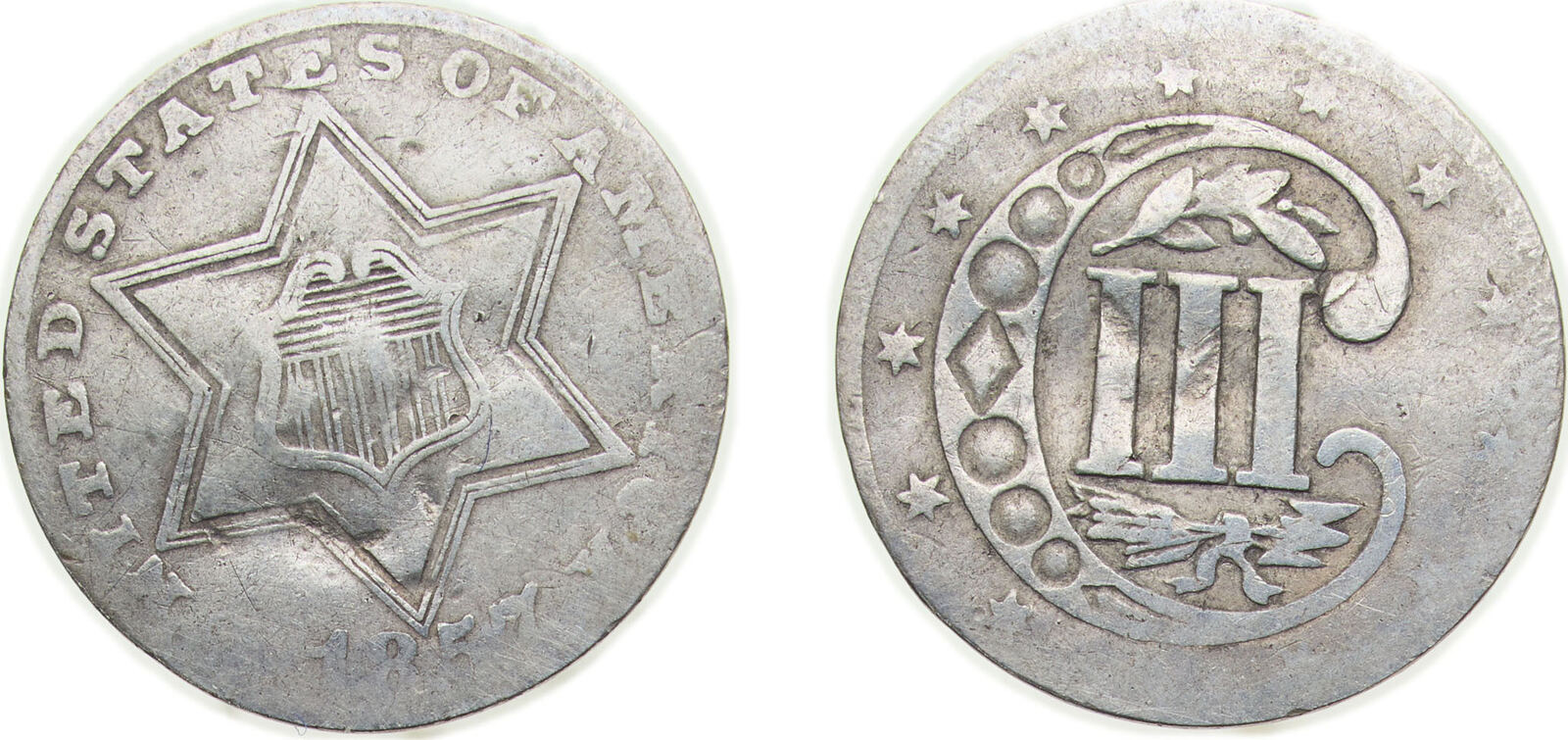 1857 Philadelphia mint United States Federal republic 1857 3 Cents ...