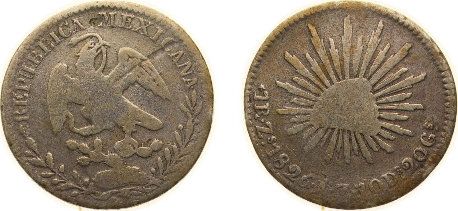 1826 Zs AZ Zacatecas Mint Mexico Federal Republic 1826 Zs AZ 1 Real Silver (.903) Zacatecas Mint ...