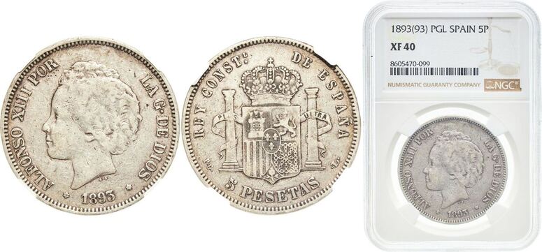 1893 ????18-93 PGL Madrid Mint Spain Kingdom 1893 ????18-93 PGL 5 ...
