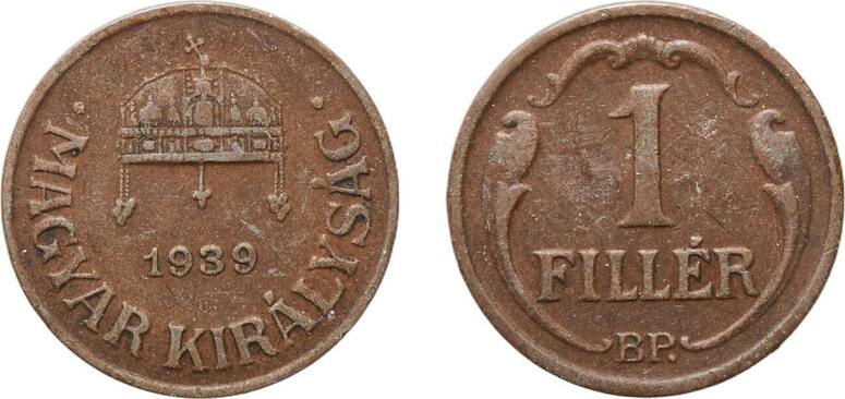 1 Filler 1939 BP Hungarian mint Hungary 1939 BP 1 Fillér - Miklós ...