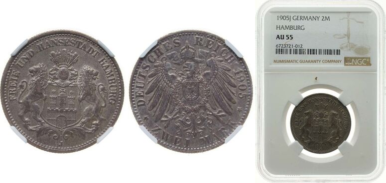 1905 J Hamburg Mint Germany Free Hanseatic city of Hamburg Second Empire 1905 J 2 Mark Silver ...