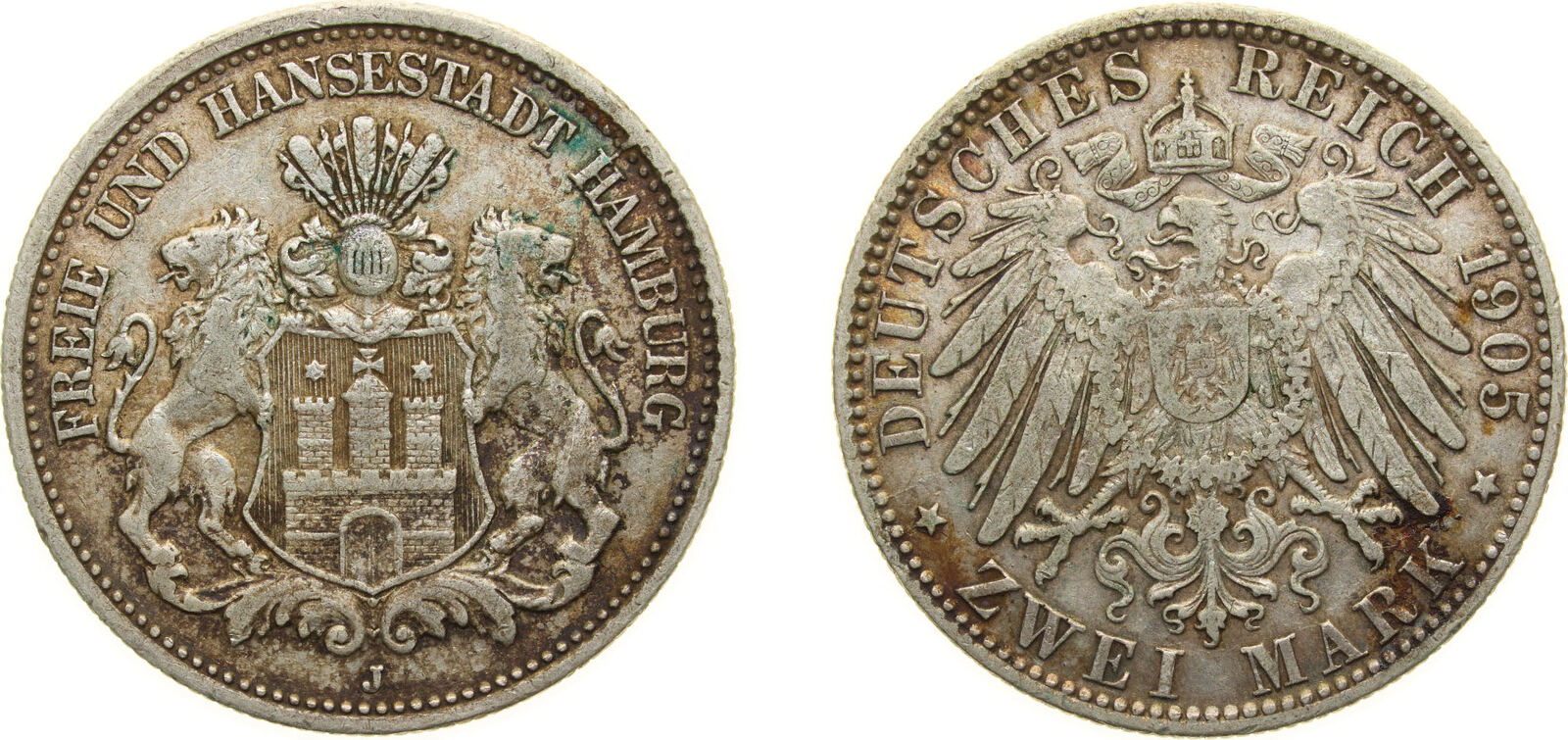 1905 J Hamburg Mint Germany Free Hanseatic city of Hamburg Second Empire 1905 J 2 Mark Silver ...