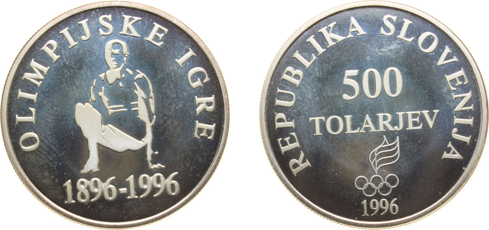 1996 Kremnica Mint Slovenia Republic 1996 500 Tolarjev (Olympics Centennial) Silver (.925 ...