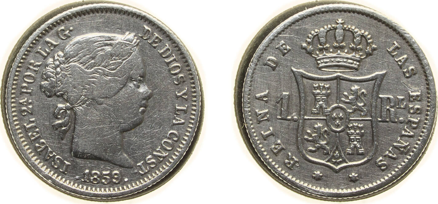 1859 Madrid Mint Spain Kingdom 1859 1 Real - Isabel II Silver (.900 ...