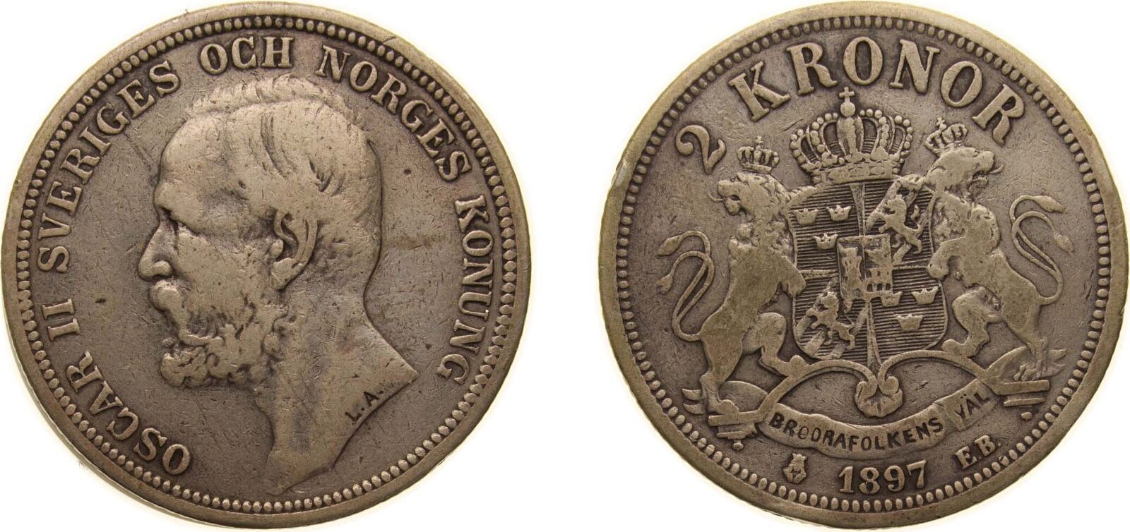 1897 EB Stockholm Mint Sweden Kingdom 1897 EB 2 Kronor - Oscar II Silver (.800) Stockholm Mint ...