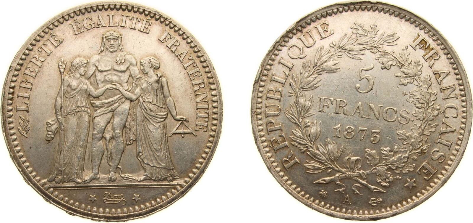 1875 A Paris Mint France Third Republic 1875 A 5 Francs Silver (.900 ...