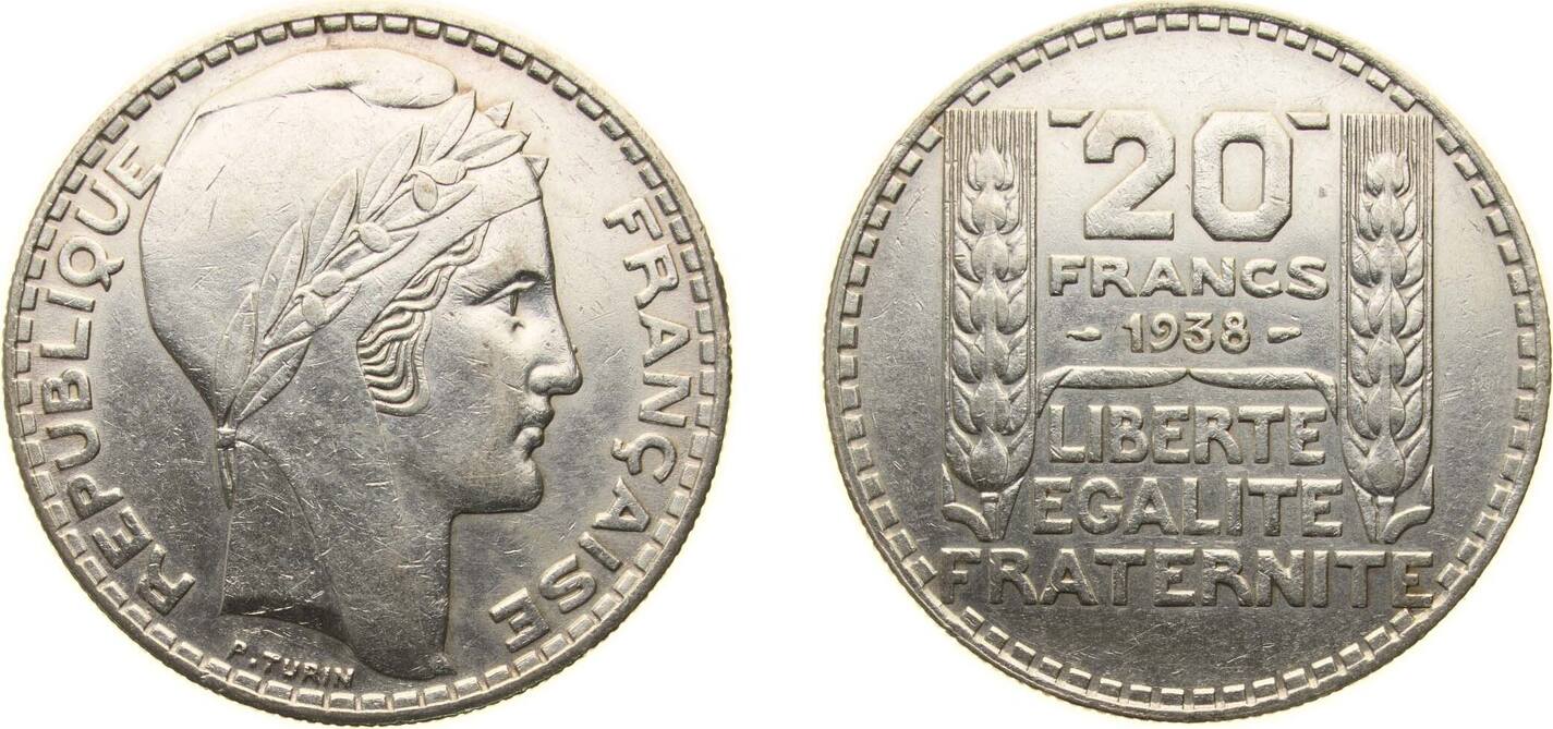 France Third Republic 1938 20 Francs Silver (.680) (10462216) 20g AU F ...