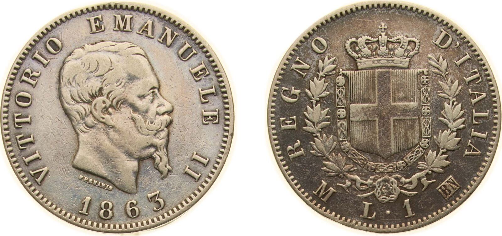 1863 M BN Milan Mint Italy Kingdom 1863 M BN 1 Lira - Vittorio Emanuele ...