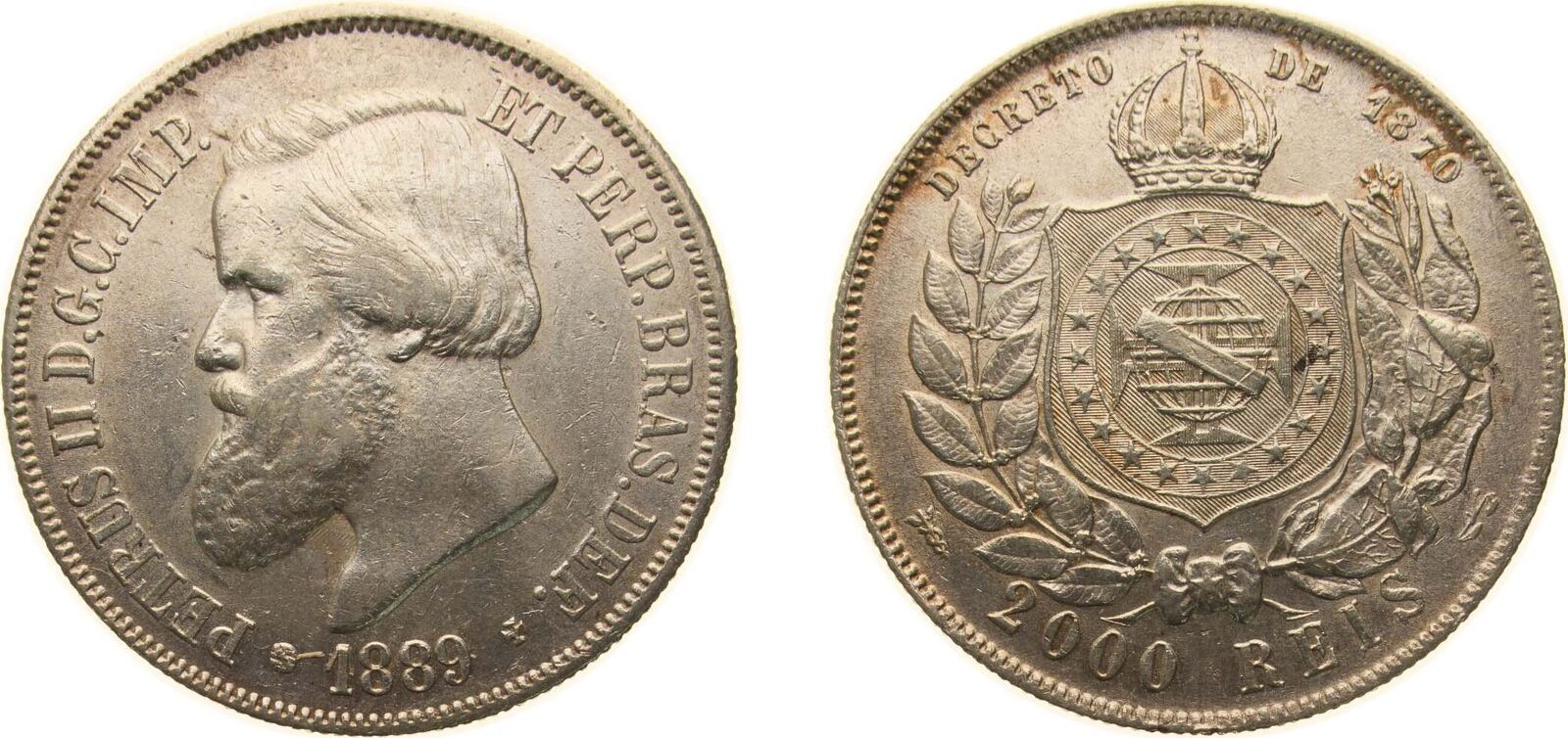 Brazil Empire 1889 2000 Réis - Pedro II Silver (.917) (1280232) 25.5g ...