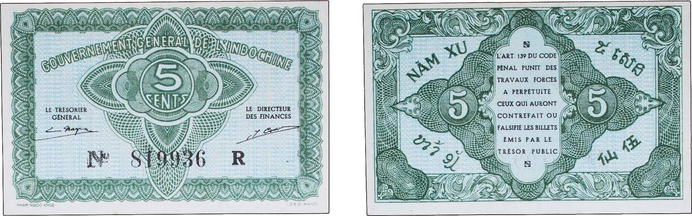 French Indochina French colony 1942 5 Cents Paper UNC P 88 unz | MA-Shops