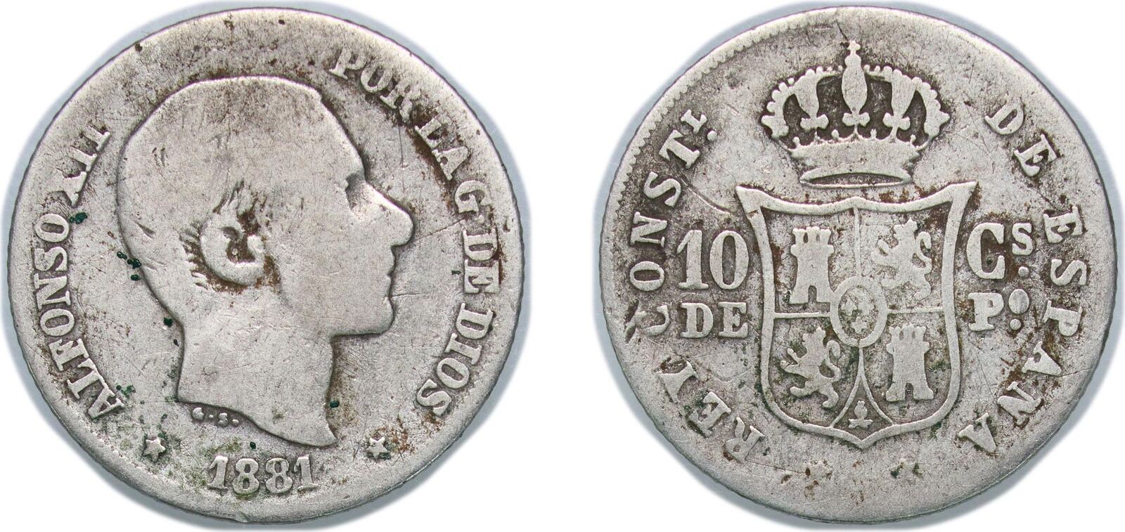 1881 Manila Mint Philippines Spanish colony 1881 10 Centavos - Alfonso ...