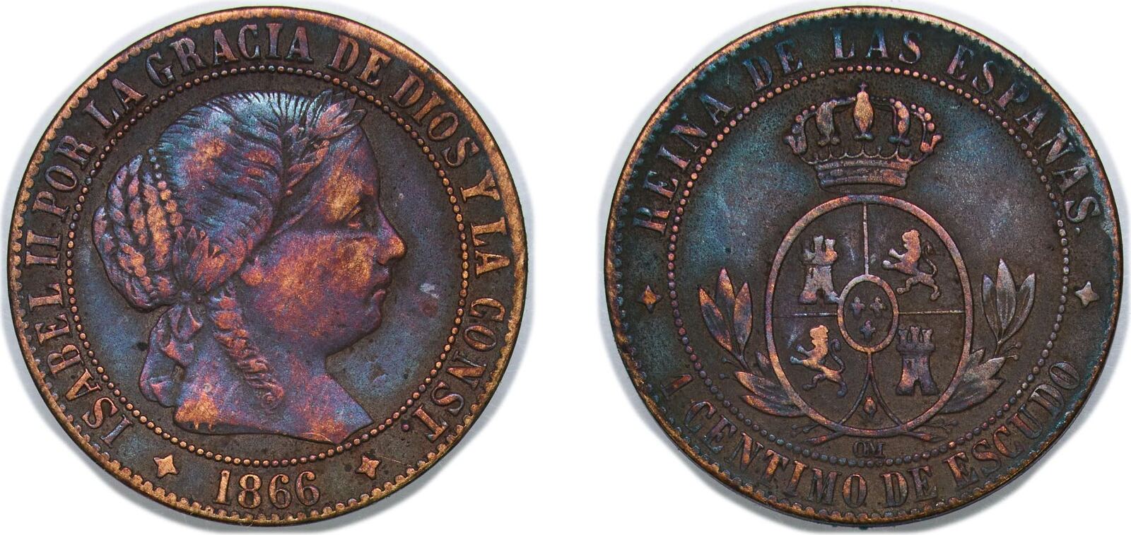 1 Escudo cent 1866 OM Jubia Mint Spain Kingdom 1866 OM 1 Centimo de ...