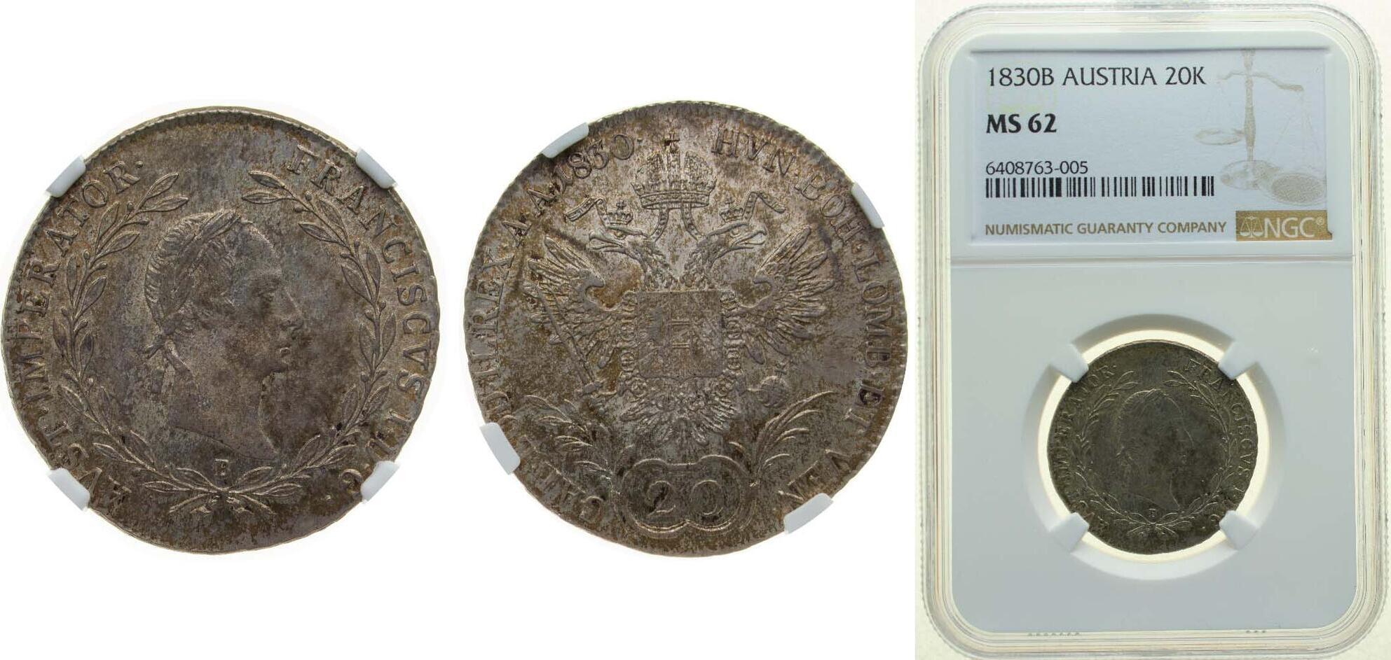1830 B Kremnica / Körmöcb Austria Empire 1830 B 20 Kreuzer - Franz I Silver (.583) Kremnica ...