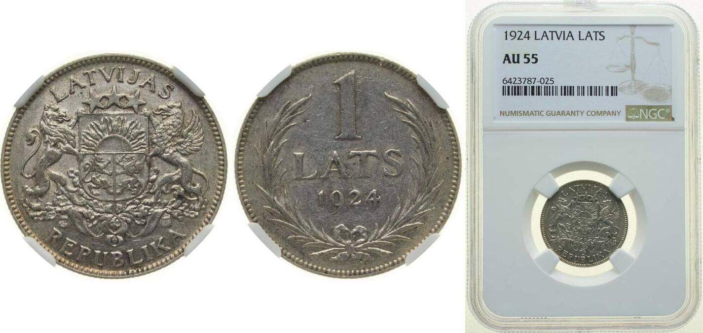 1924 Royal Mint (Tower Hi Latvia Republic 1924 1 Lats Silver (.835) Royal Mint (Tower Hill ...
