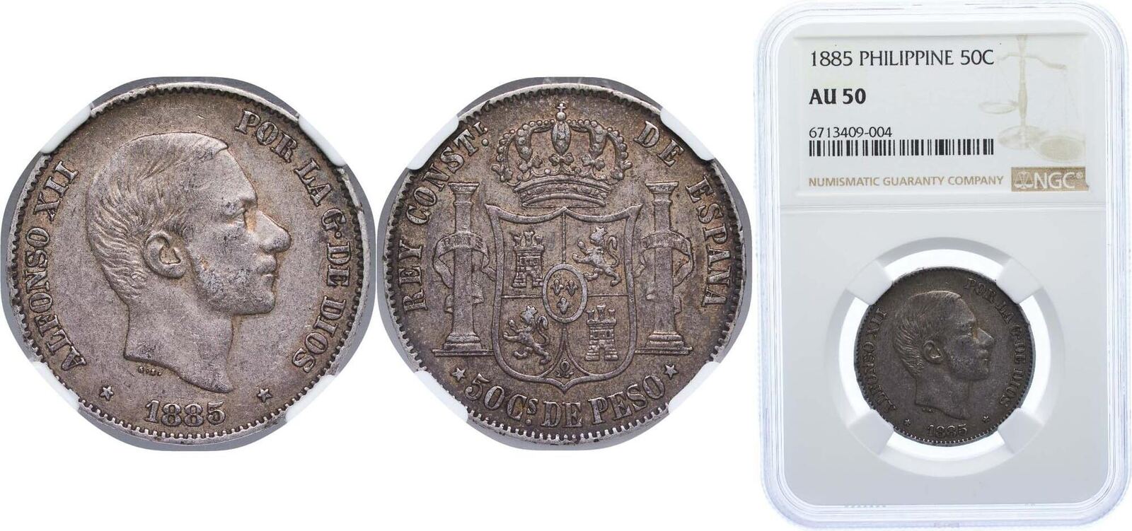 1885 Manila Mint Philippines Spanish colony 1885 50 Centavos - Alfonso ...
