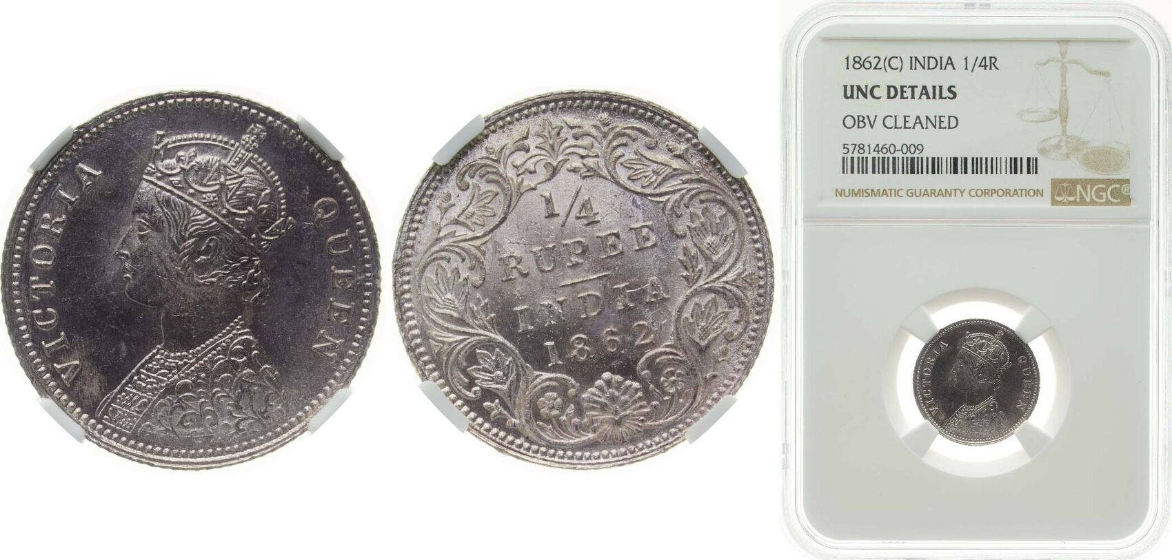 1862 Calcutta Mint India India - British Raj 1862 ¼ Rupee - Victoria ...