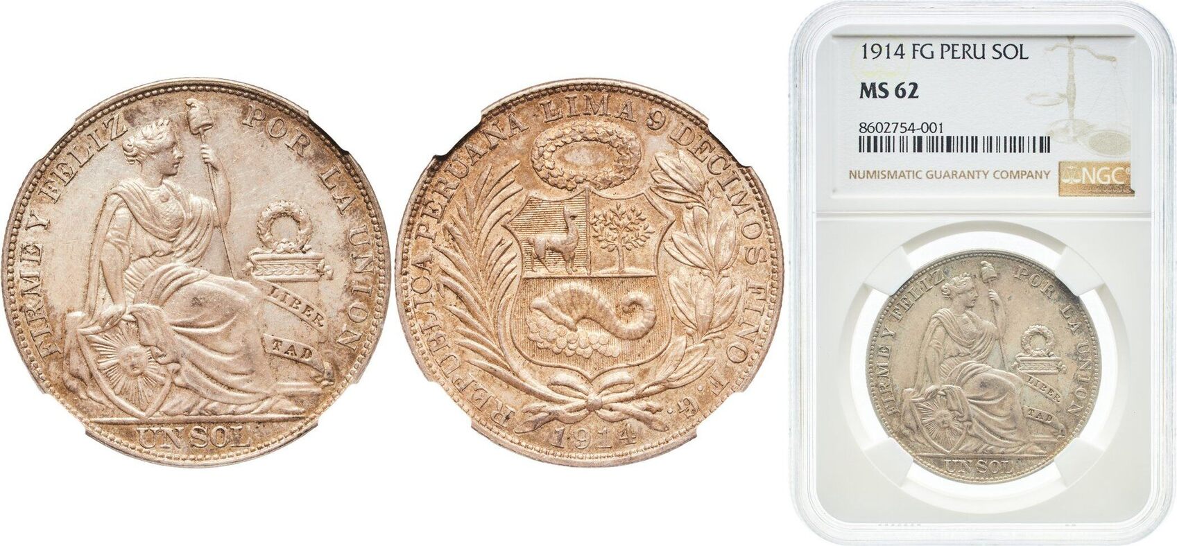 1914 FG Santiago Mint Peru Republic 1914 FG 1 Sol Silver (.900) (Copper ...