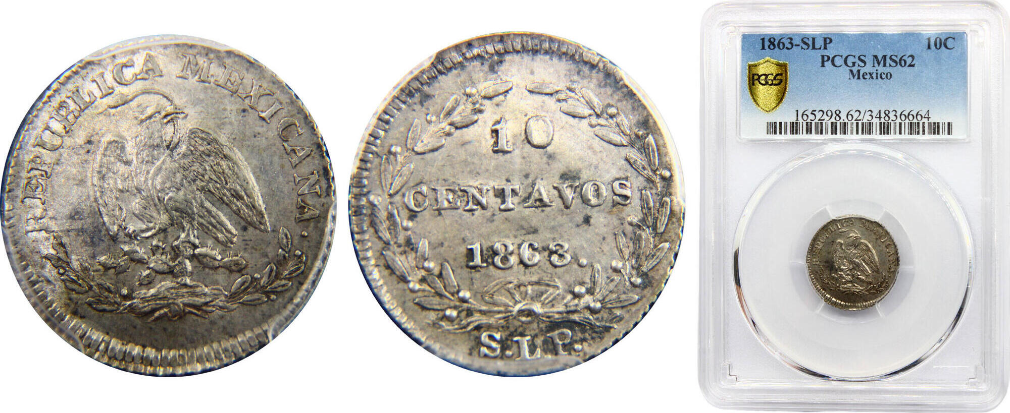 1863 SLP San Luis Potosi Mexico Federal Republic 1863 SLP 10 Centavos Silver (.903) San Luis ...