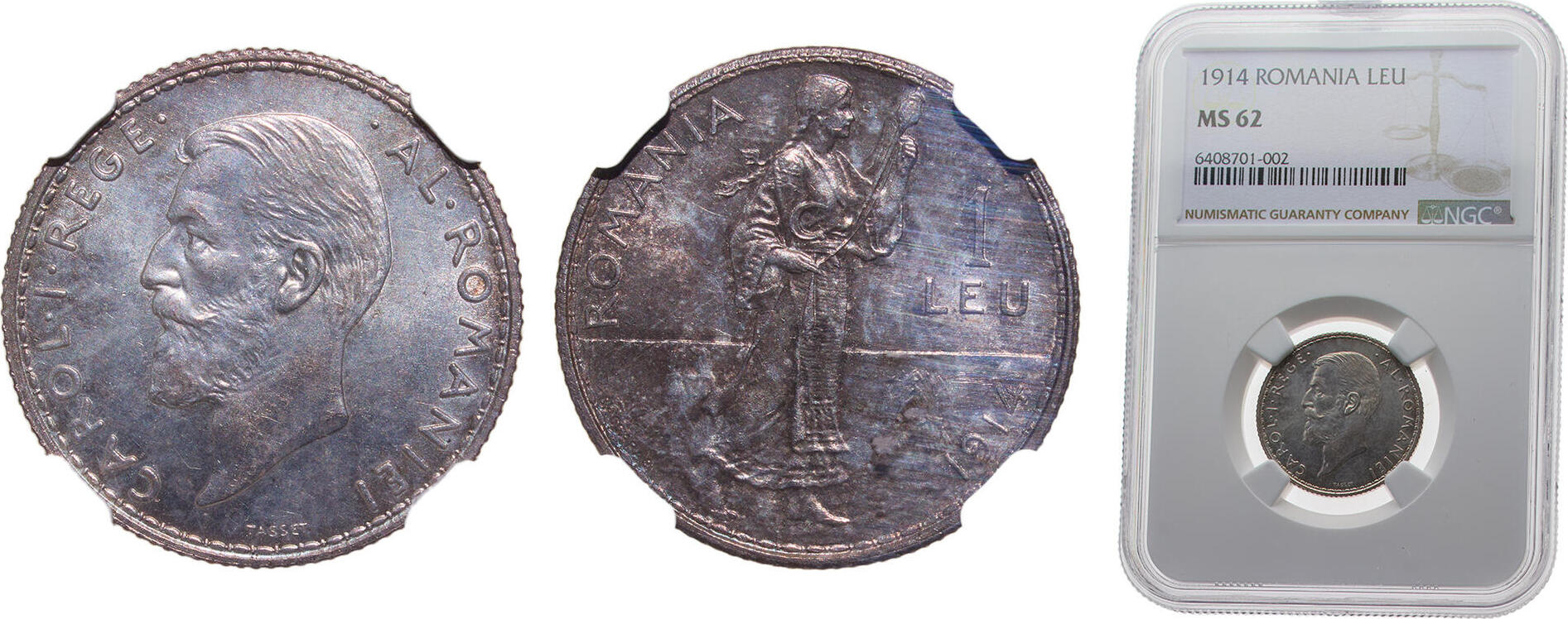 Romania Kingdom 1914 1 Leu - Carol I Silver (.835) 5g NGC MS 62 KM 42 | MA-Shops