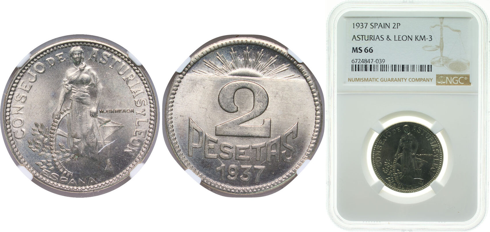 Spain Second Republic 1937 2 Pesetas (Asturias and León) Copper-nickel (400000) 8.08g NGC MS66 ...