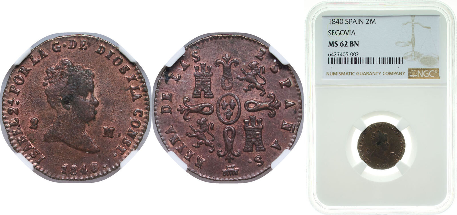 1840 Segovia Mint Spain Kingdom 1840 2 Maravedis - Isabel II Copper Segovia Mint 2.5g NGC MS 62 ...