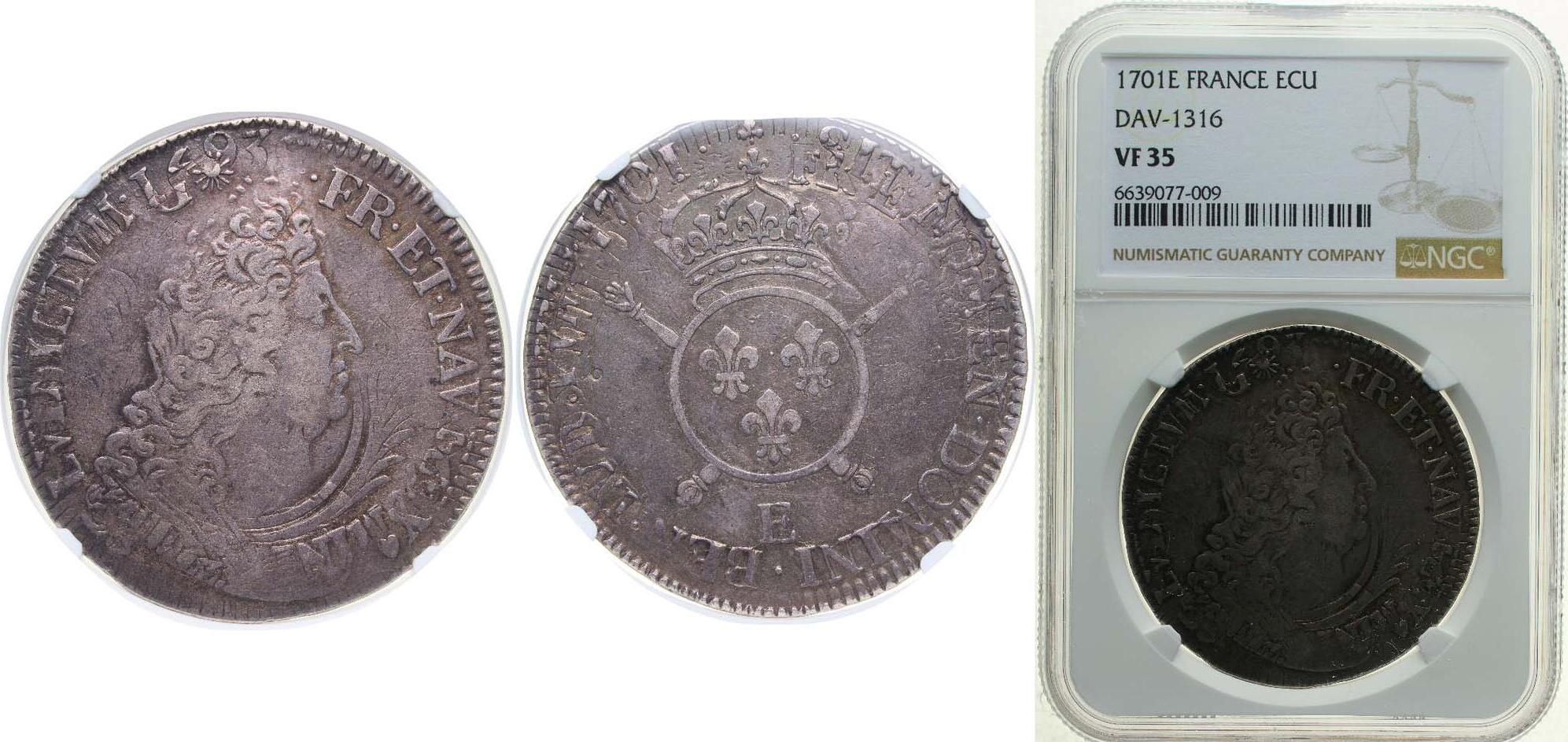 1 Silver Ecu 1701 E Tours Mint France Kingdom 1701 E Ecu with insignia ...