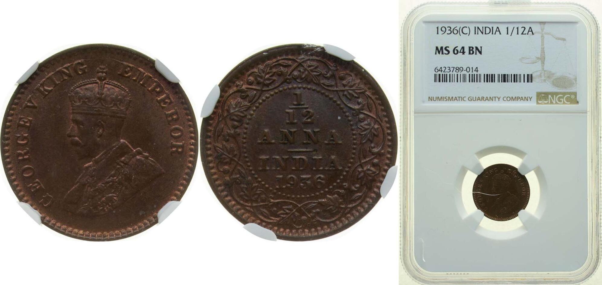 India India - British 1936 1⁄12 Anna - George V Bronze (23313000) 1.65g ...