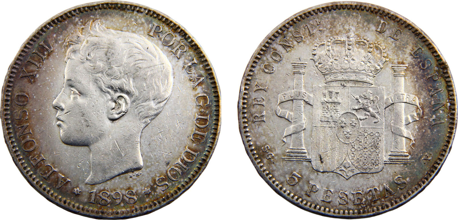 1898 *18-98 SGV Madrid mi Spain Kingdom Alfonso XIII 1898 *18-98 SGV 5 Pesetas 3rd portrait XF ...