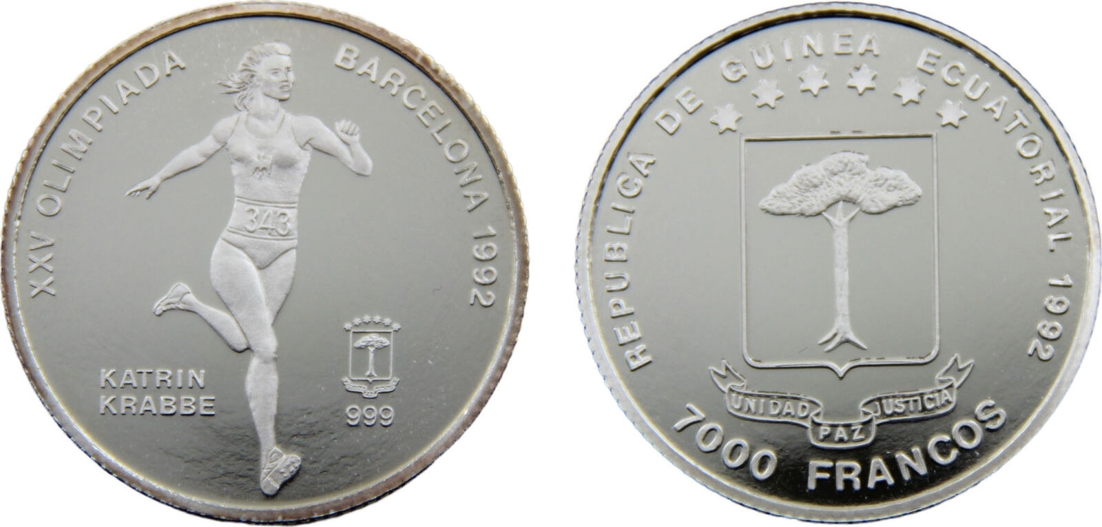 1992 (Mintage 15000) Equatorial Guinea Republic 1992 7000 Francos CFA ...