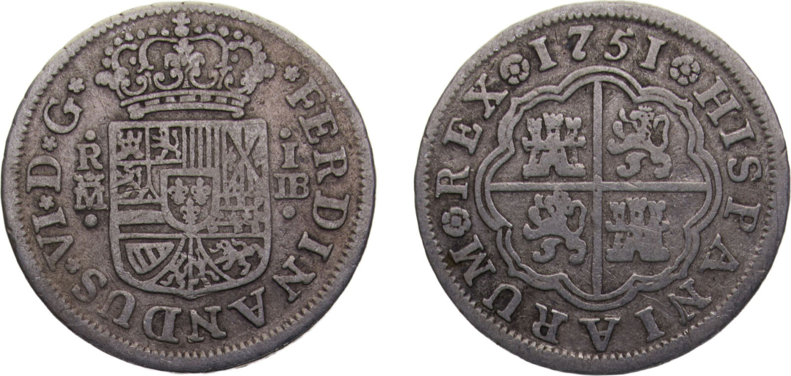 1751 M JB Madrid mint Spain Kingdom Fernando VI 1751 M JB 1 Real 2.7g ...