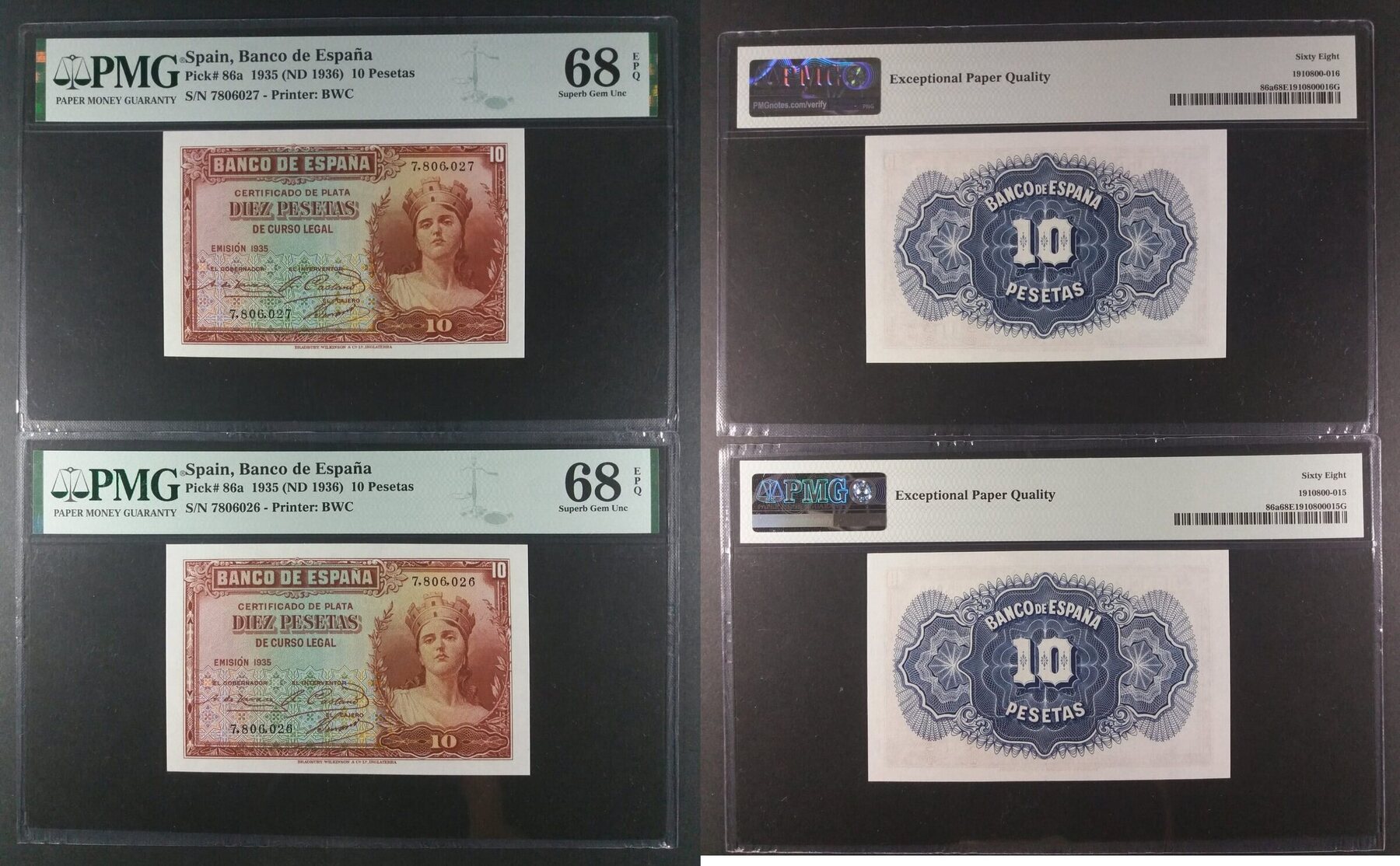 10 PESETAS 1935 BANK OF SPAIN. Consecutive PAIR. No serie. PMG 68 EPQ TOP POP | MA-Shops
