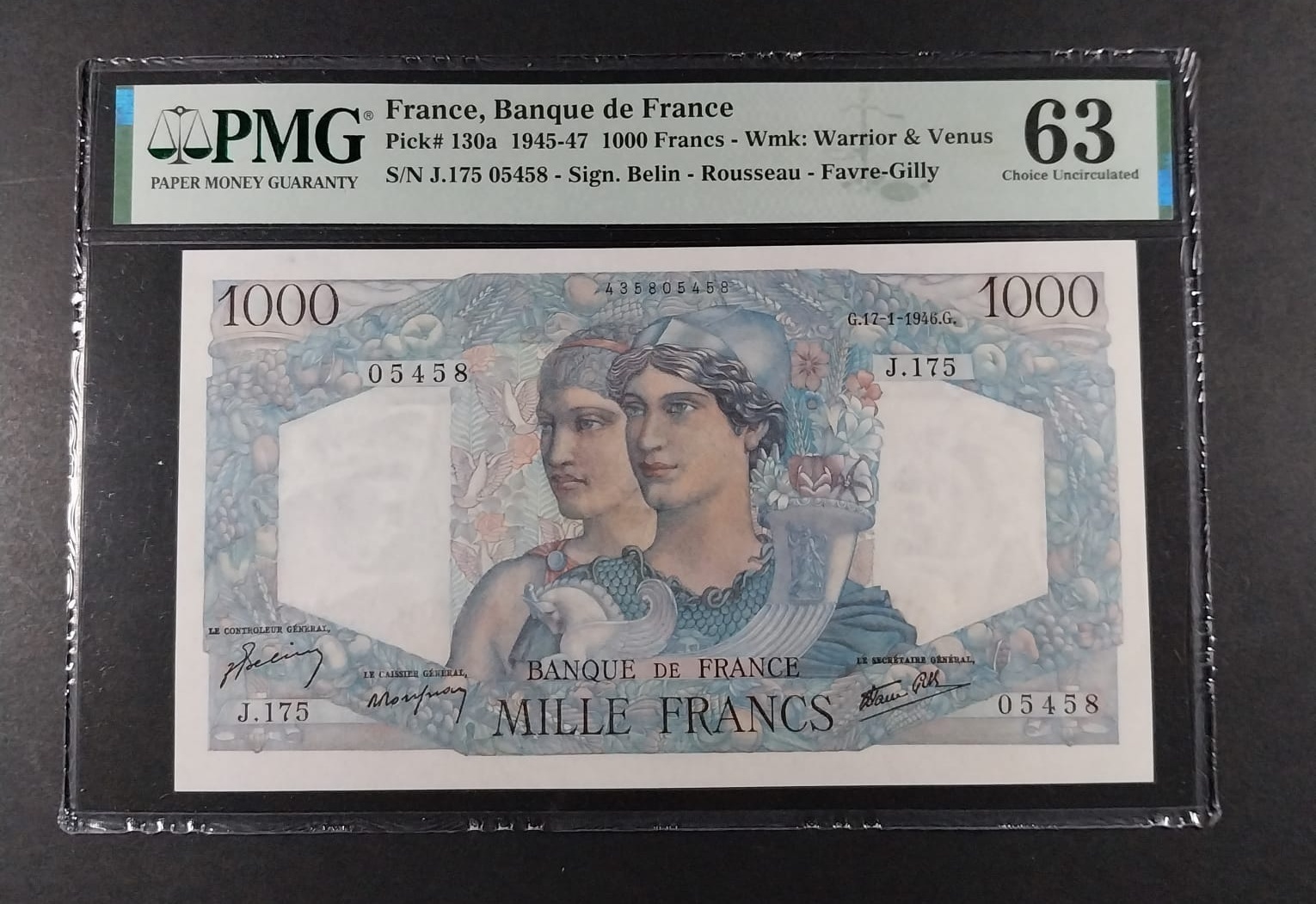 1000 FRANCS 1945-47 FRANCE - BANQUE DE FRANCE. WARRIOR & VENUS. PMG 63 ...