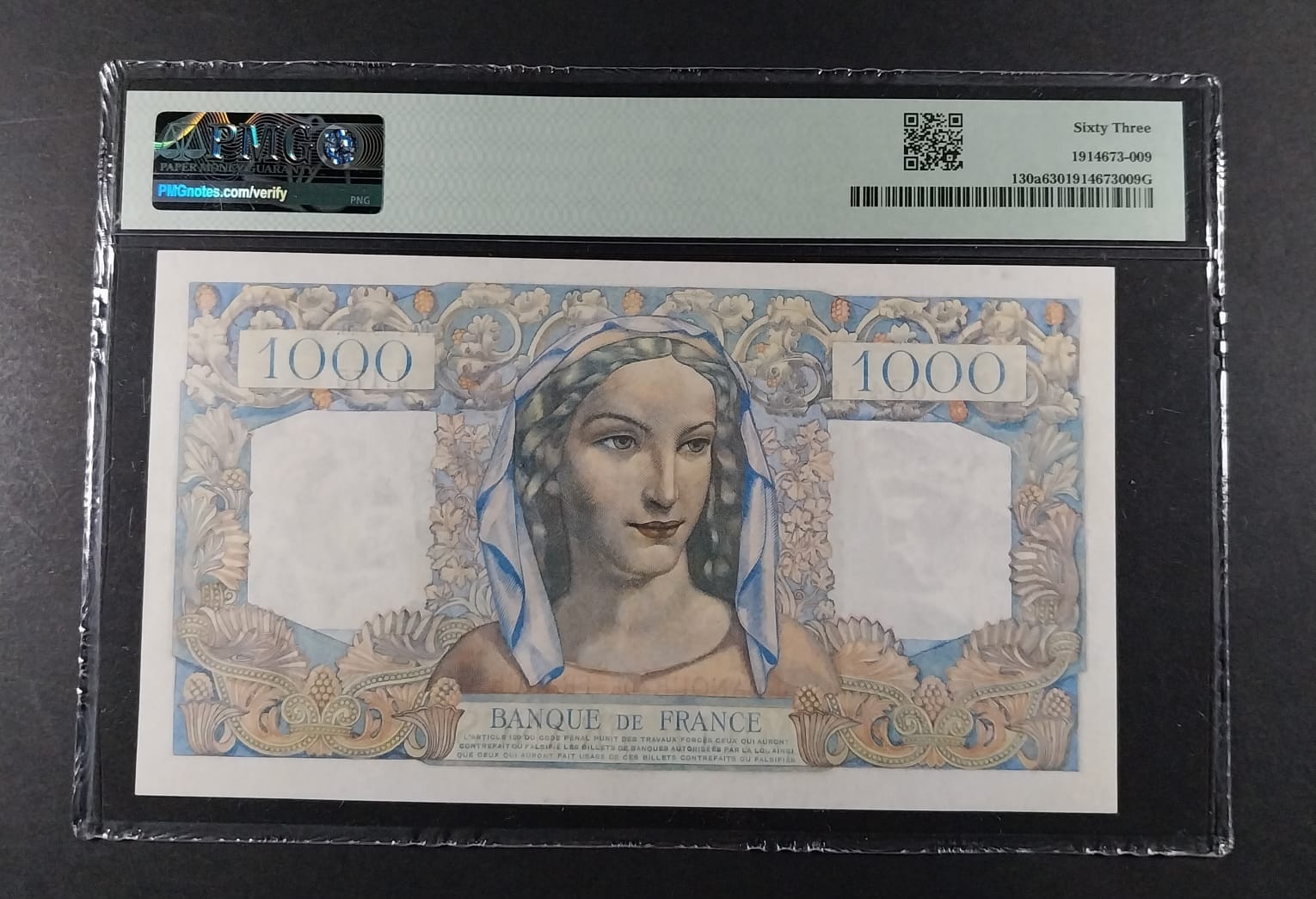 1000 FRANCS 1945-47 FRANCE - BANQUE DE FRANCE. WARRIOR & VENUS. PMG 63 ...