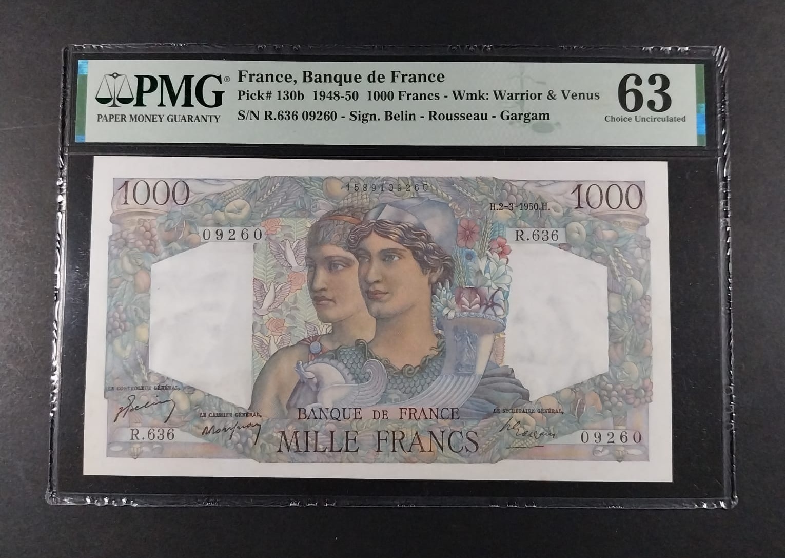 1000 FRANCS 1948-50 FRANCE - BANQUE DE FRANCE. WARRIOR & VENUS. PMG 63 ...