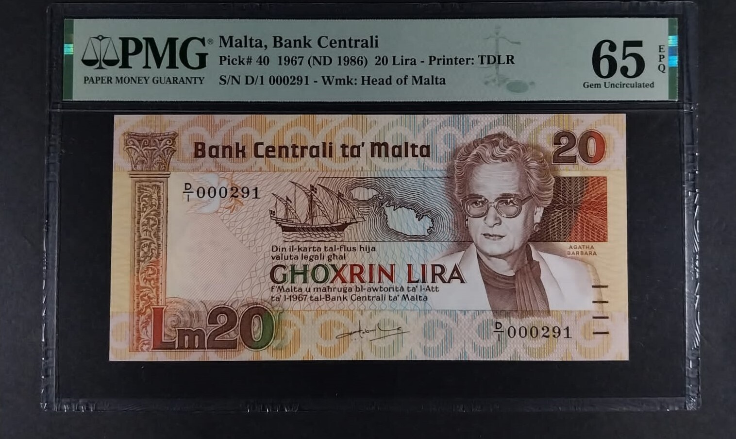 20 LIRA 1967 BANK CENTRALI. Head of Malta. PMG 65 EPQ | MA-Shops
