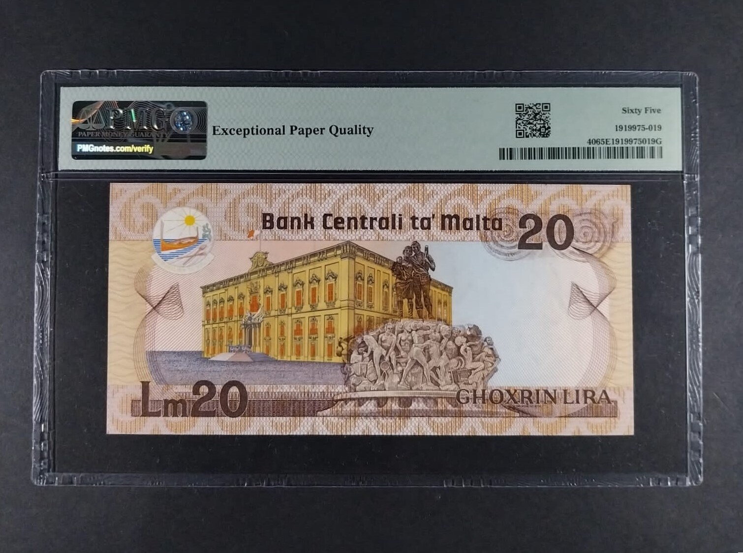 20 LIRA 1967 BANK CENTRALI. Head of Malta. PMG 65 EPQ | MA-Shops