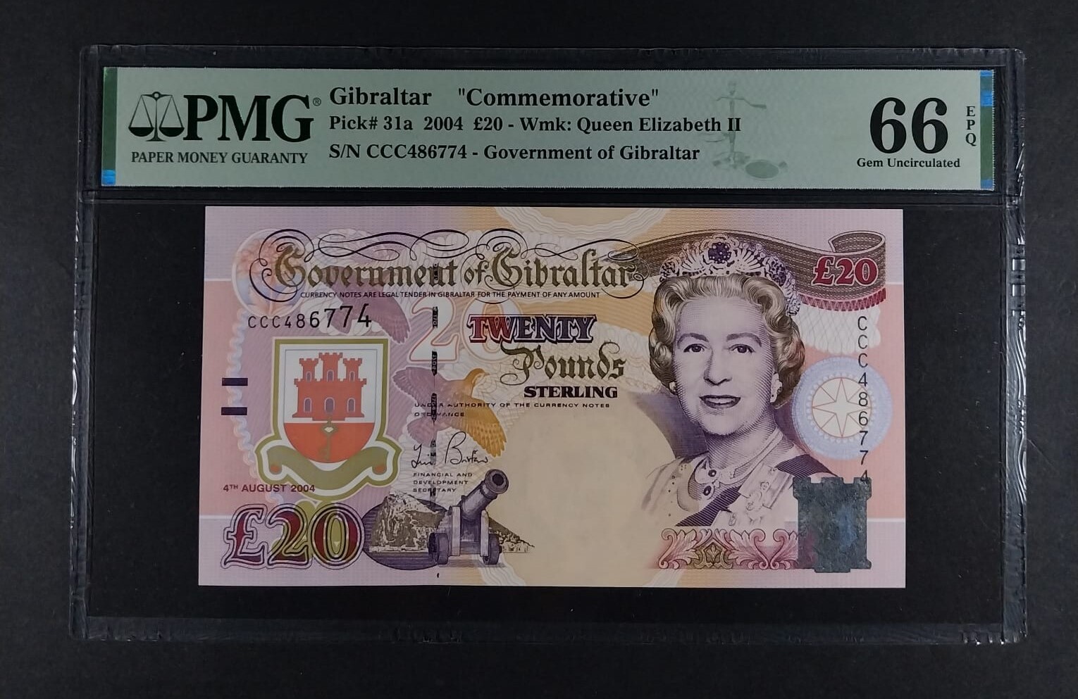 GIBRALTAR 20 POUNDS 2004 COMMEMORATIVE. Queen Elizabeth II. PMG 66 EPQ | MA-Shops