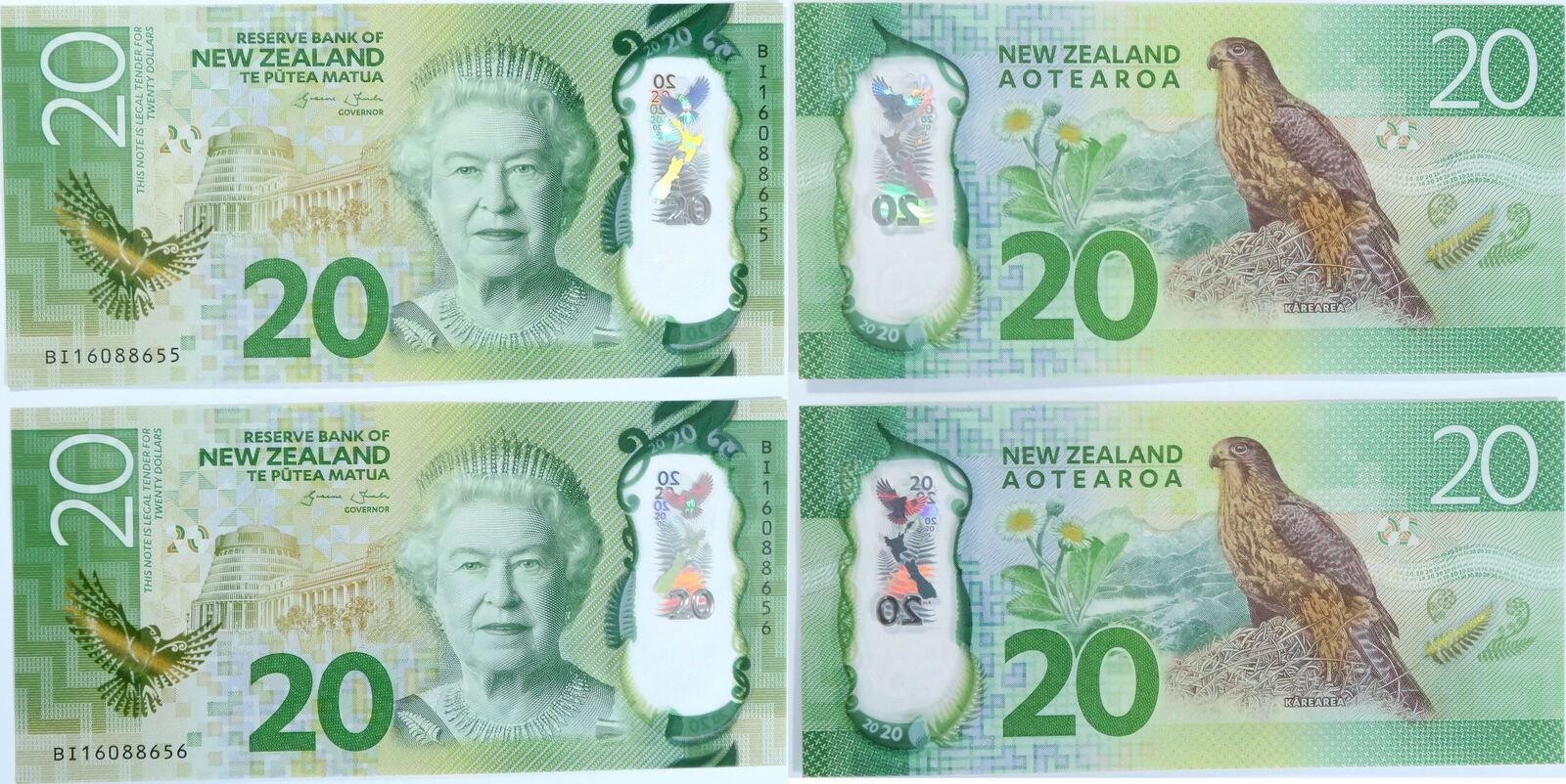 New Zealand 20 Dollars 2016 Aotearoa Kararea Falcon Vogel Banknote unz ...